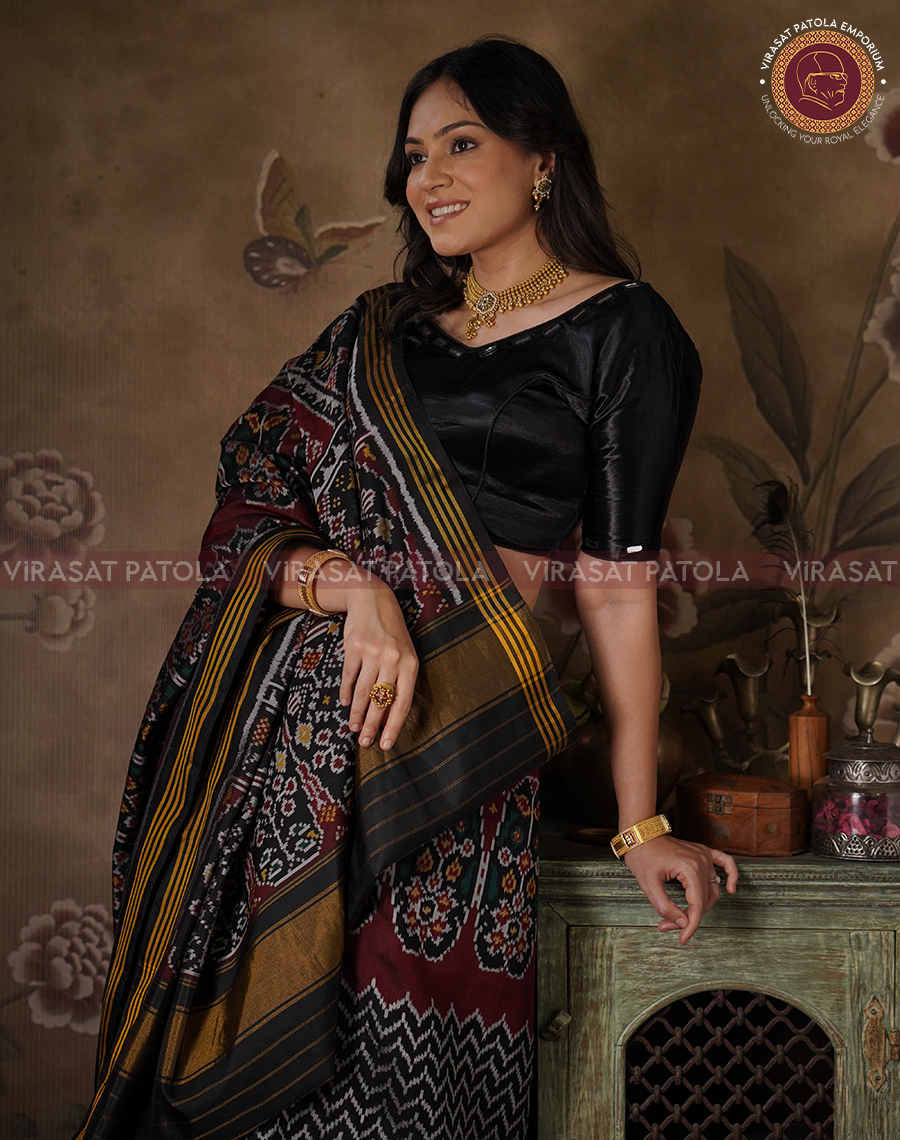 Buy Black Patola Silk Saree Online, Shop Semi Ikkat Patola Saree – Virasat Patola